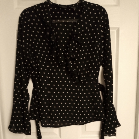 Tops | Womens Black White Polka Dot Wrap Top W Ruffle Front Ruffle ...